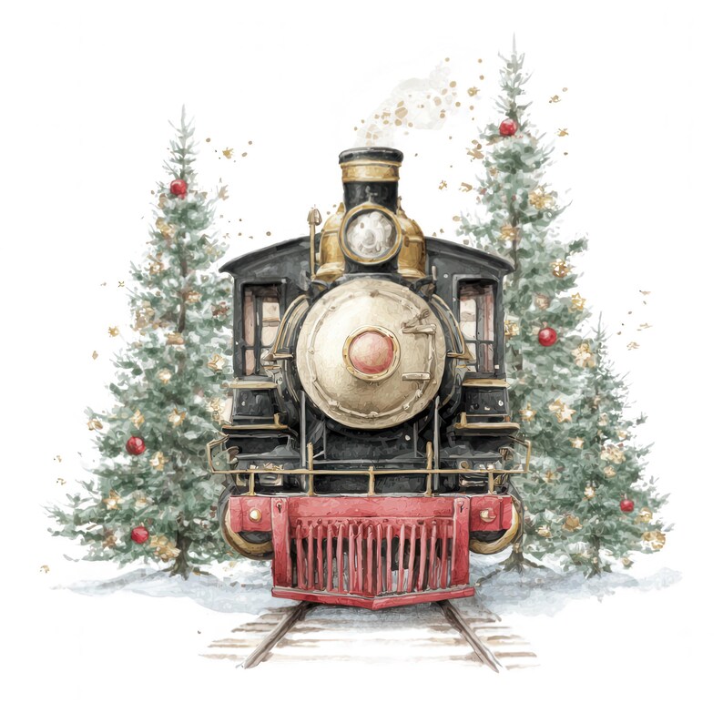 Watercolor Christmas Train Clipart: Vintage Festive Holiday Train ...