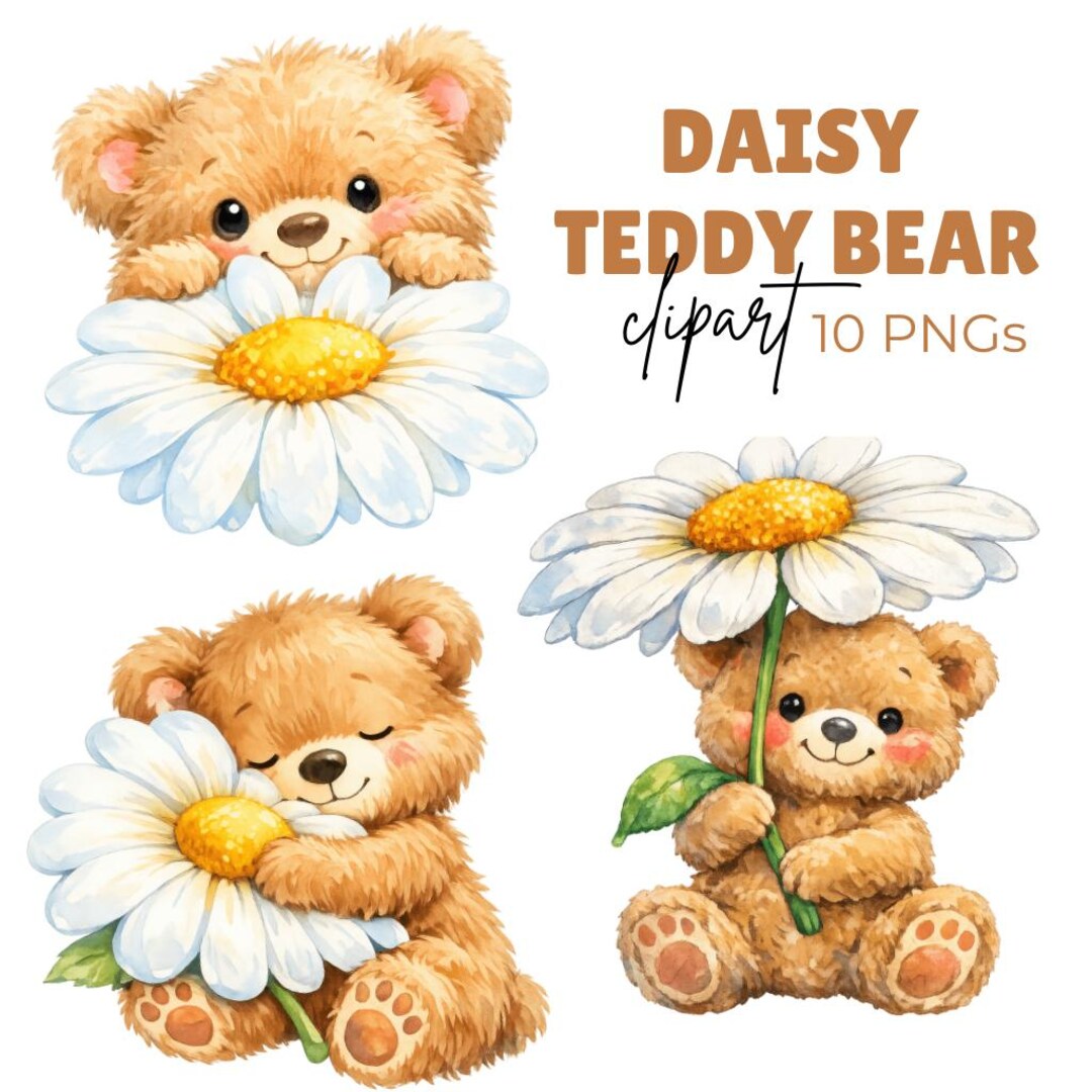 Watercolor Daisy Teddy Bear Clipart – Floral Bear Bundle for Nursery ...