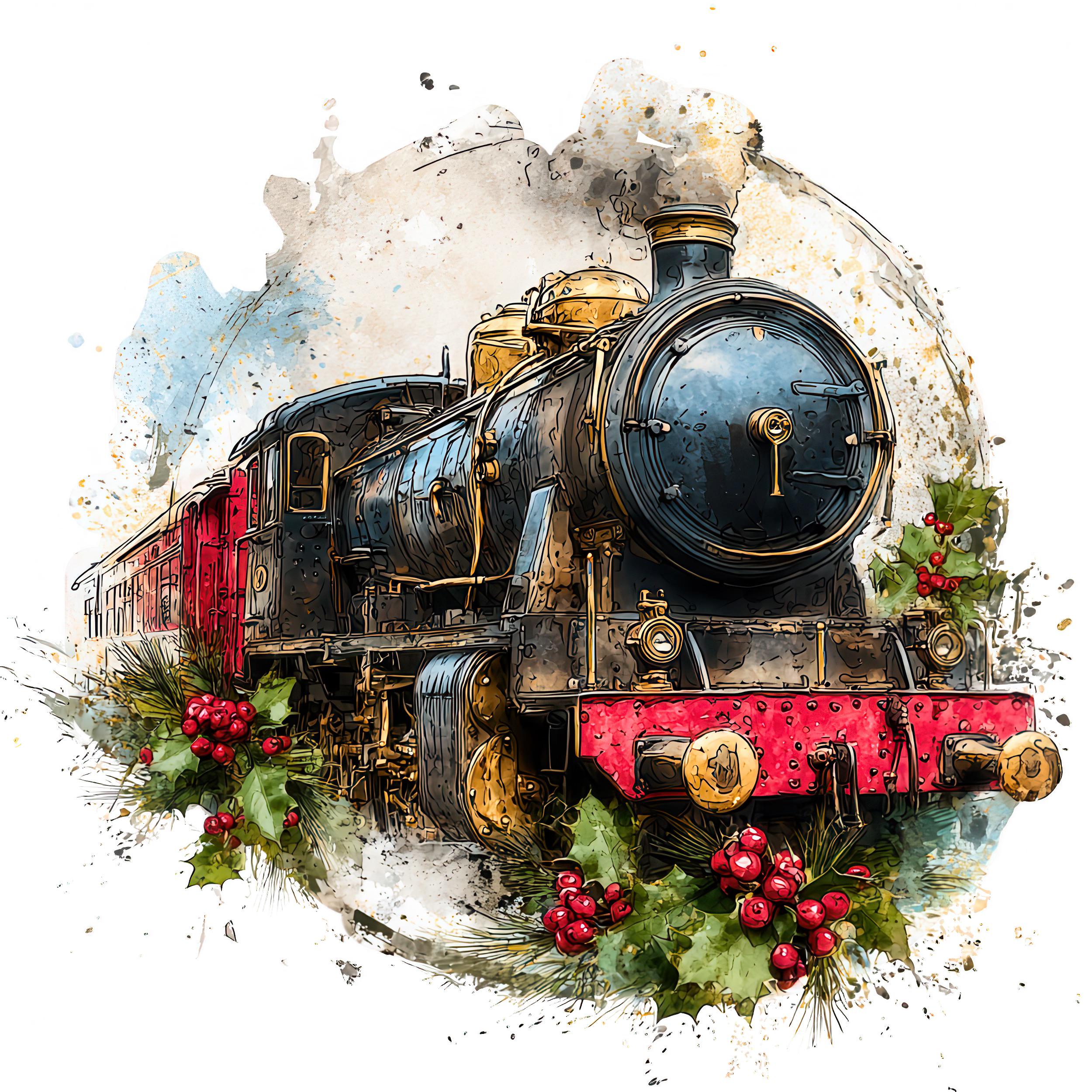 Watercolor Christmas Train Clipart: Vintage Festive Holiday Train ...