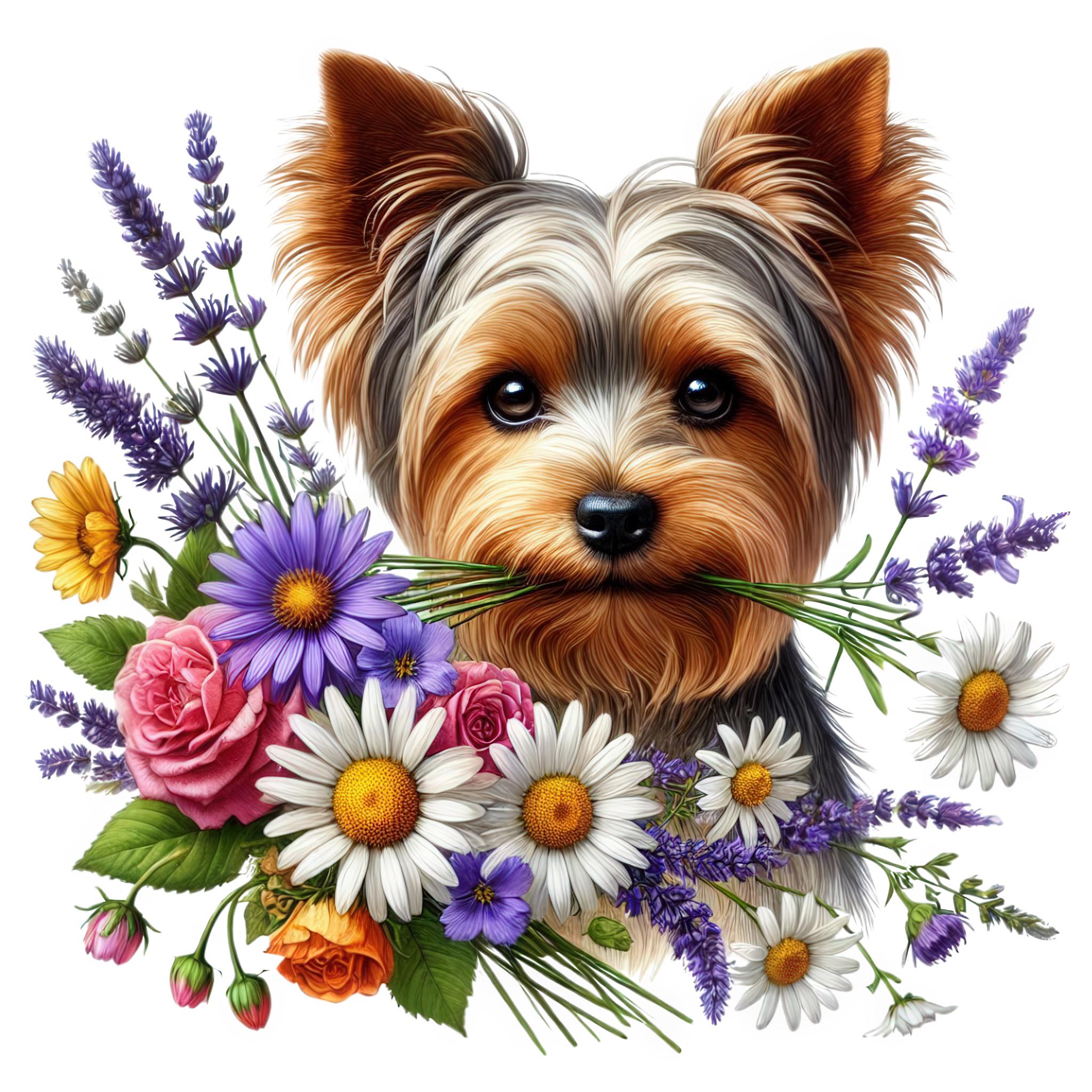 Yorkie and Flowers Clipart Bundle: Watercolor Yorkshire Terrier (11 PNG ...