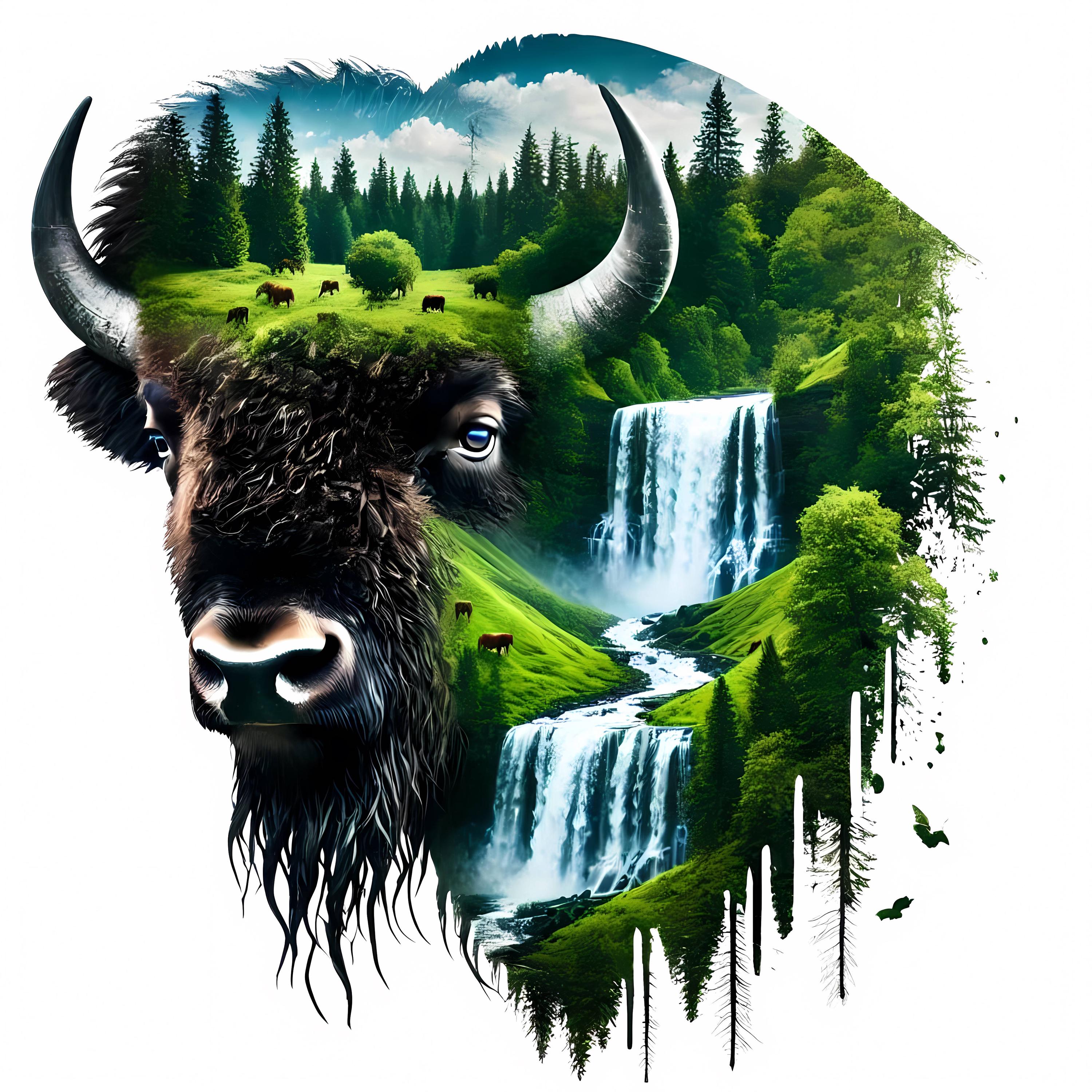 Bison Double Exposure Art | Nature Landscape Clipart (digital Download ...