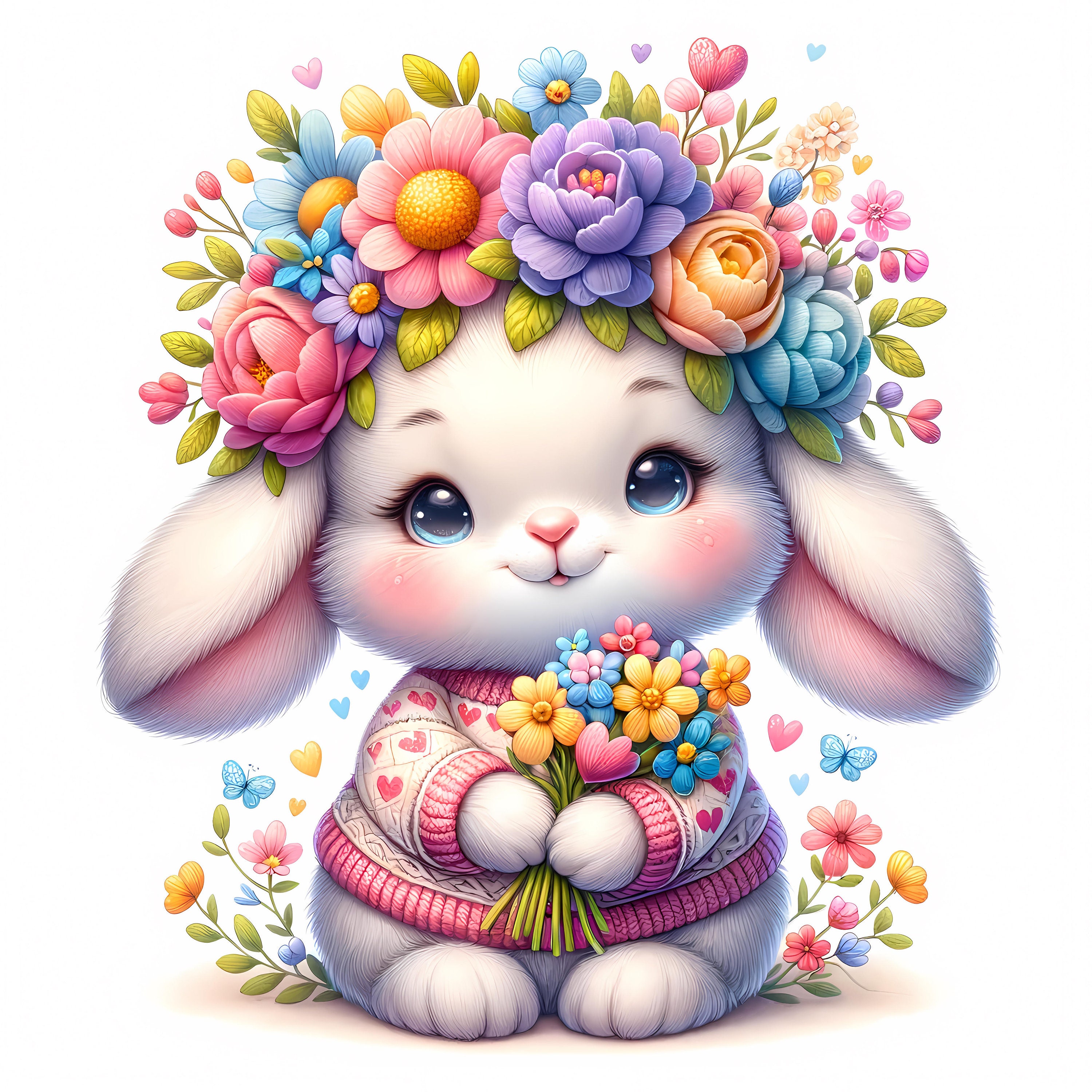 Floral Easter Bunny Clipart | Spring Flower Jpgs (digital Download) Set ...