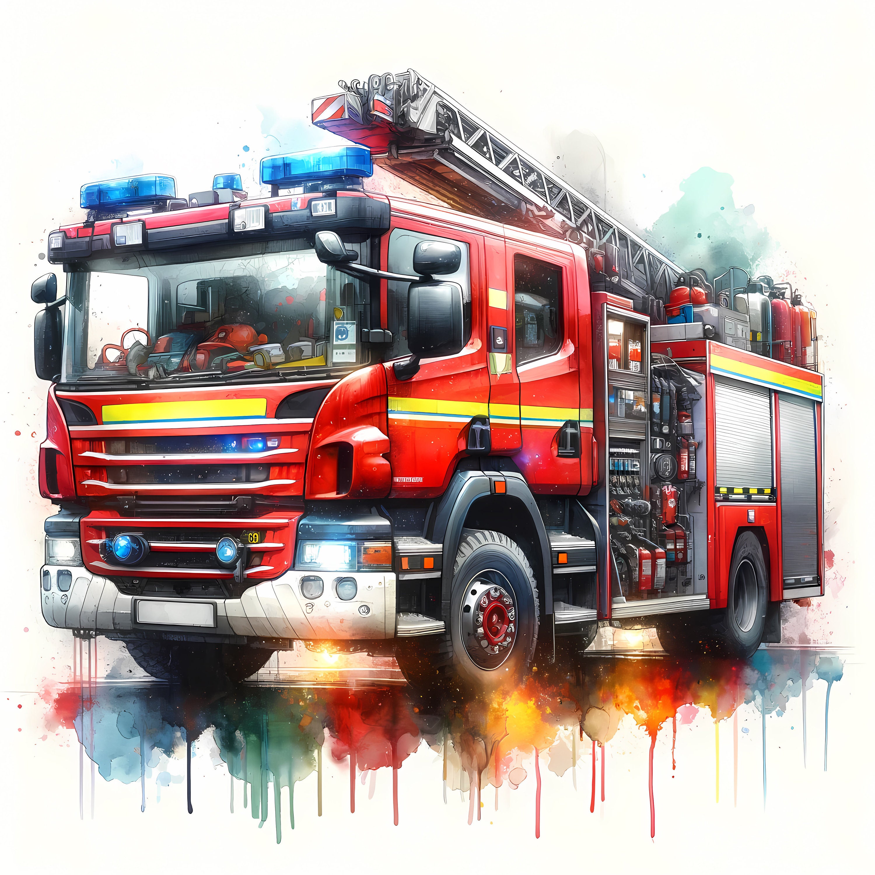 Fire Engine Clipart Bundle 12 High-quality Jpgs Wall Art Rescue Vehicle ...