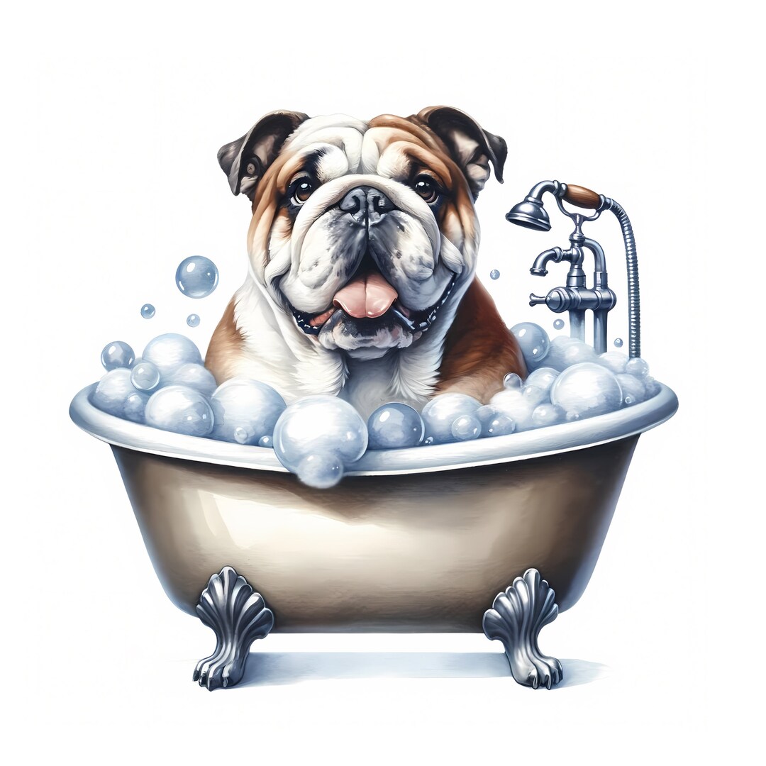 Dog in Bath Clipart – Cute Bulldog, Bathroom Decor (digital Download ...