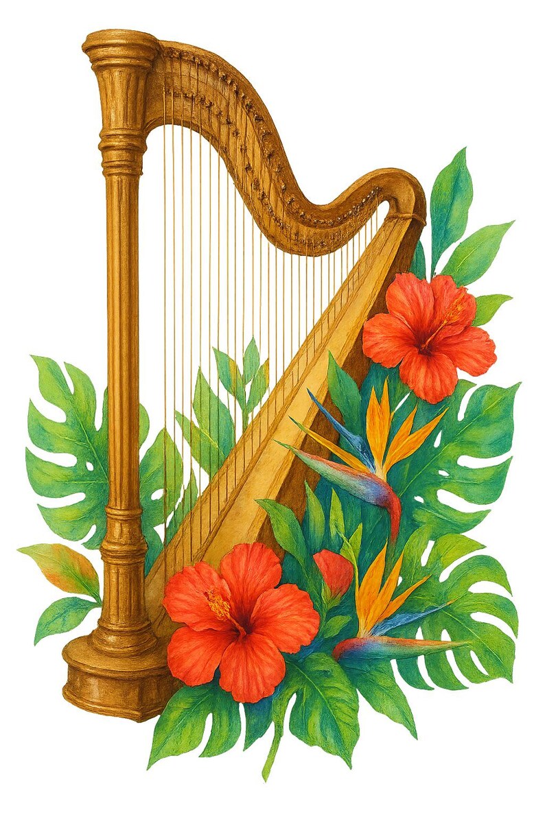 10 Floral Harp Clipart Bundle: Watercolor Harp With Flowers Pngs ...