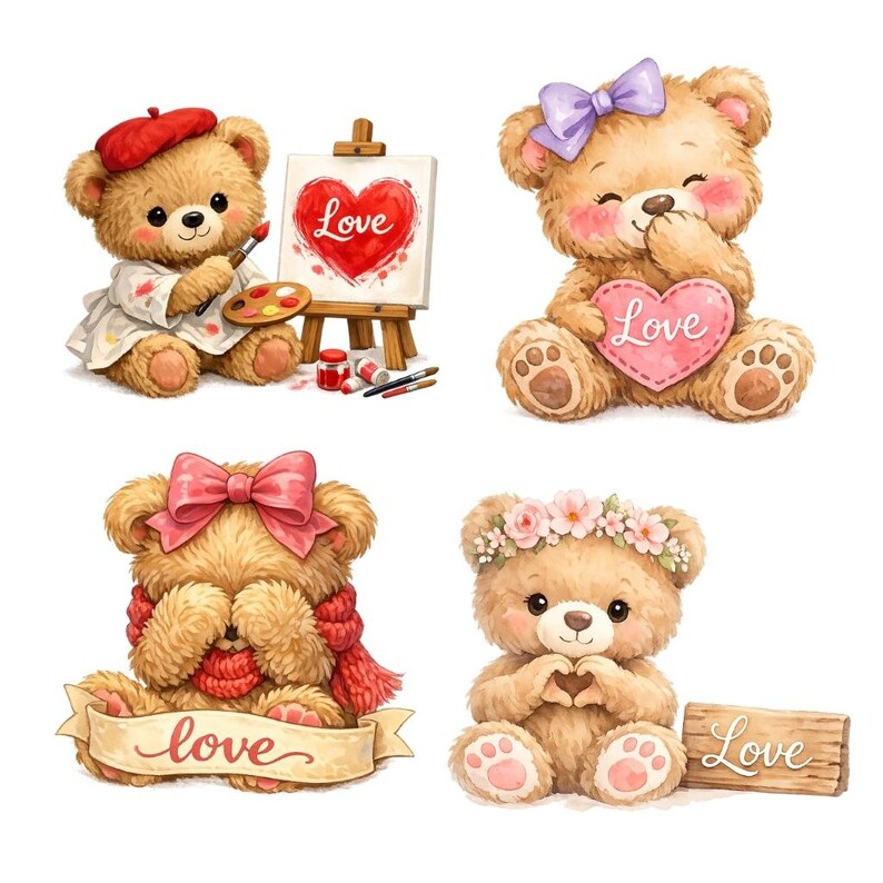 Valentine Teddy Bear Clipart, PNG Graphics (digital Download) Set of 16 ...