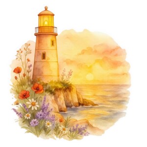 Watercolor Lighthouse Clipart PNG Bundle, Coastal Nautical Clipart ...