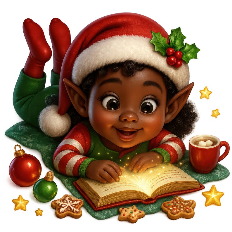 Black Elf Girl Christmas Clipart: African American Holiday PNG (set of ...