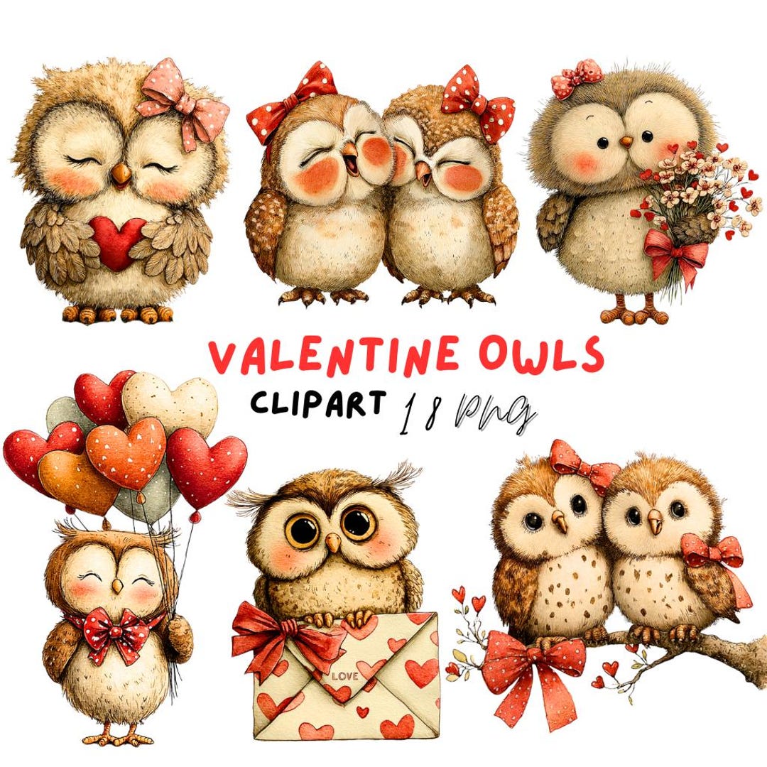 Whimsical Valentine Owls Clipart: Adorable Love Graphics (digital ...