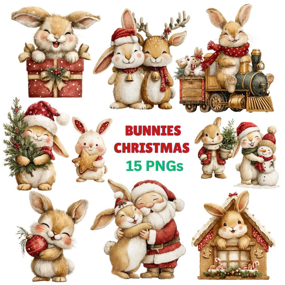 Christmas Bunny Clipart: Whimsical Holiday Graphics (digital Download ...