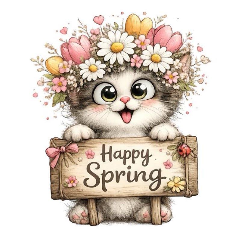 Adorable Spring Cats Clipart: Whimsical Graphics, Floral Cat, Digital ...