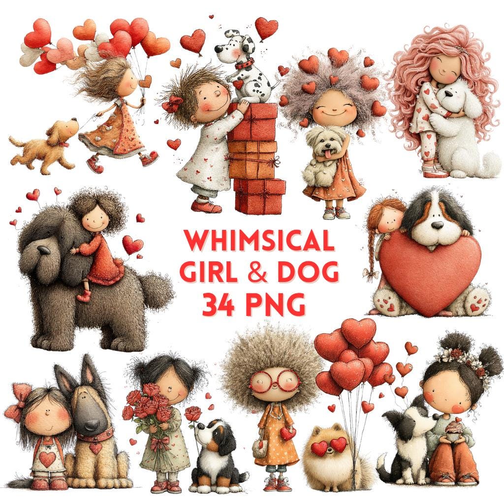 Whimsical Girl & Dog Clipart: Adorable Love Graphics (digital Download ...