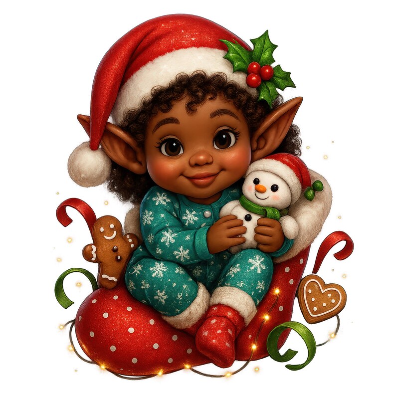 Black Elf Girl Christmas Clipart: African American Holiday PNG (set of ...