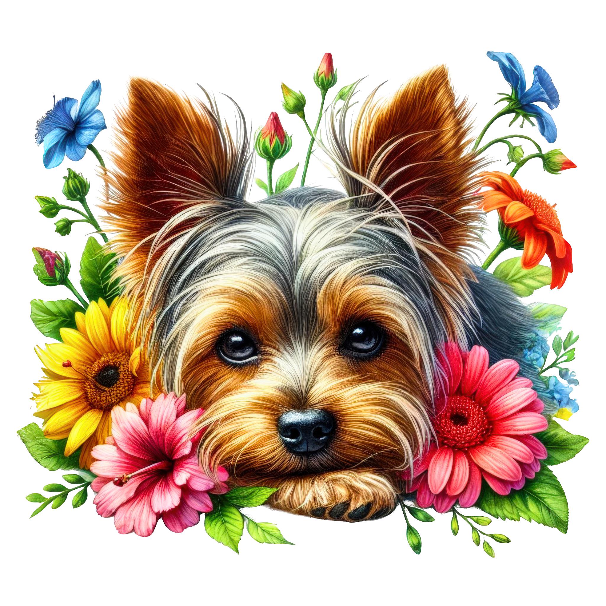 Yorkie and Flowers Clipart Bundle: Watercolor Yorkshire Terrier (11 PNG ...