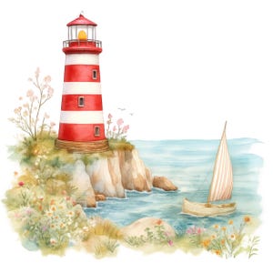 Watercolor Lighthouse Clipart PNG Bundle, Coastal Nautical Clipart ...