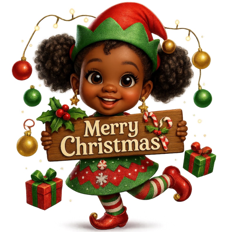 Black Elf Girl Christmas Clipart: African American Holiday PNG (set of ...