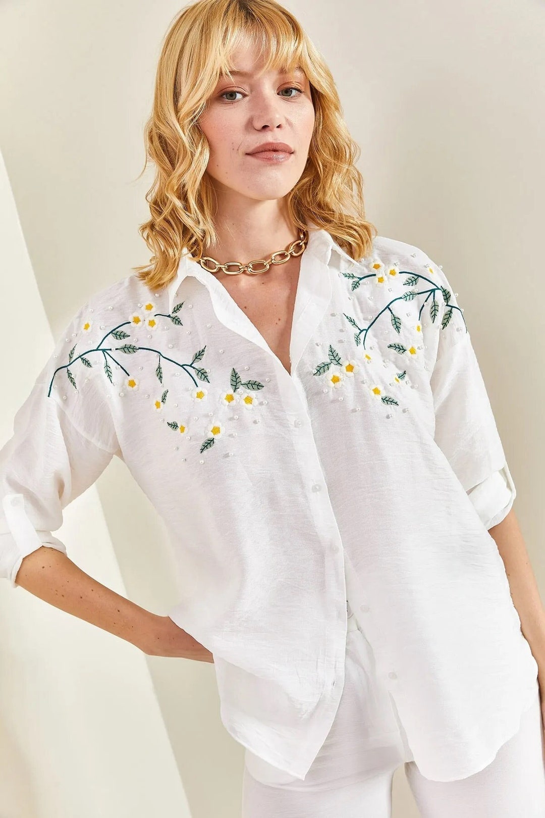 Women's Daisy Embroidered Sleeve Folded Ayrobin Linen Shirt, Linen Top ...