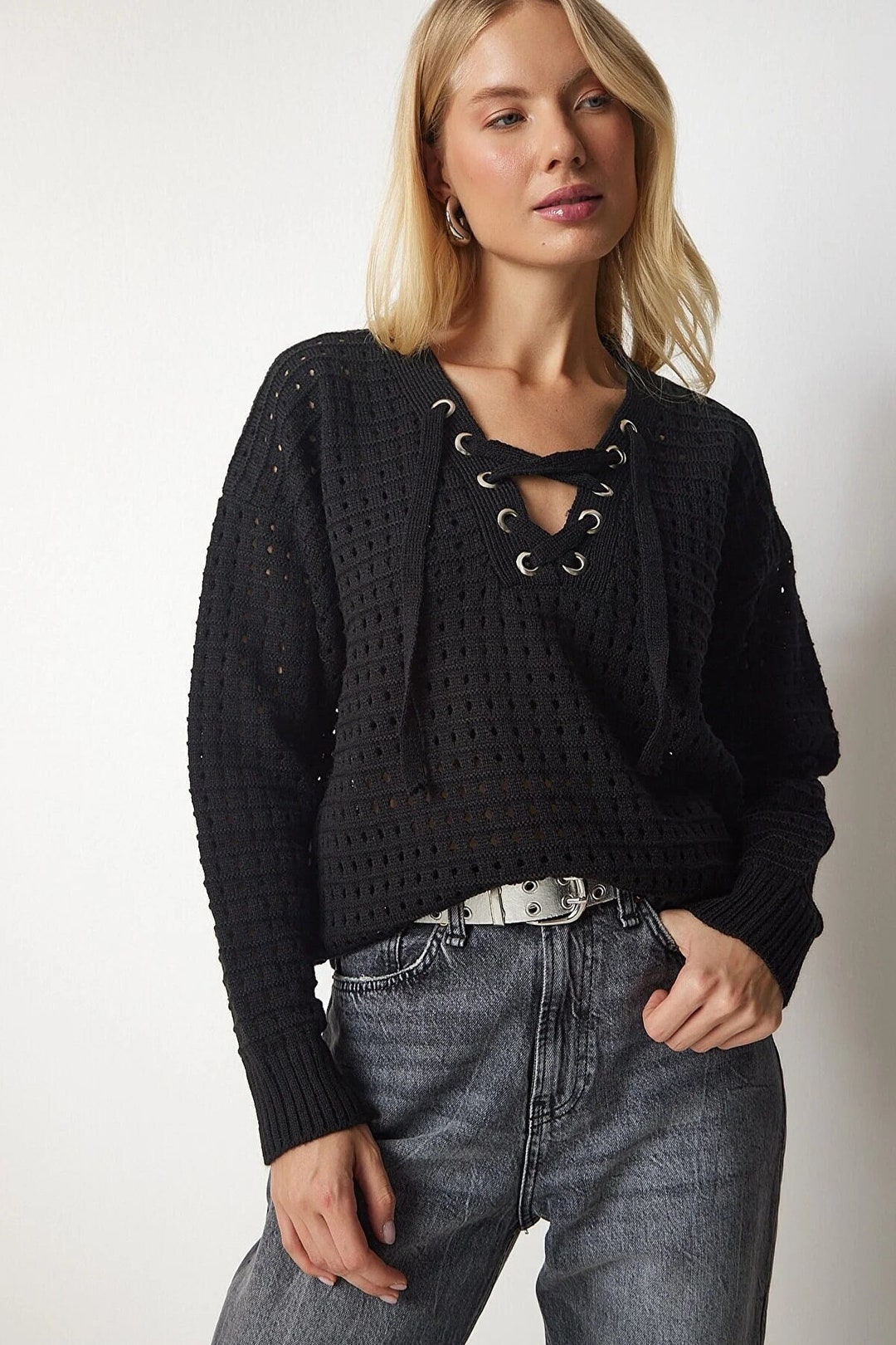 Women's Black Lace Collar Openwork Knitwear Sweater, High Quality ...