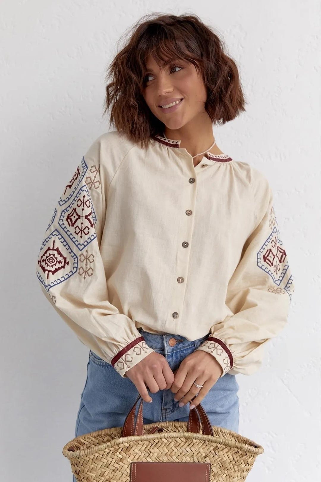 Women's New Season Ethnic Pattern Embroidered Vintage Shirt ...