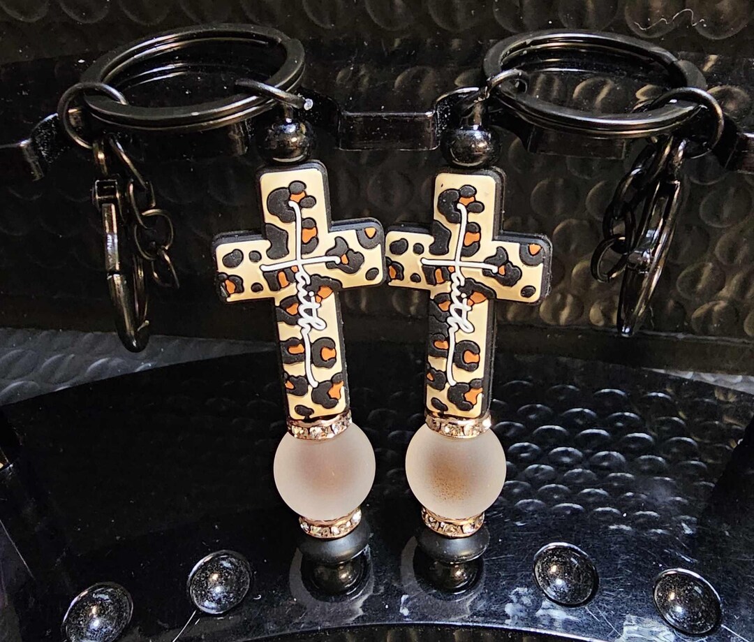 Leopard Christian Cross Keychain, Silicone Beads, Rhinestone Bling - Etsy