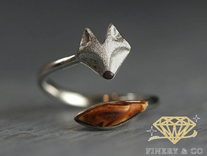 Sterling Fox Ring, Wooden Tail, Adjustable Silver Ring, Fox Jewelry ...
