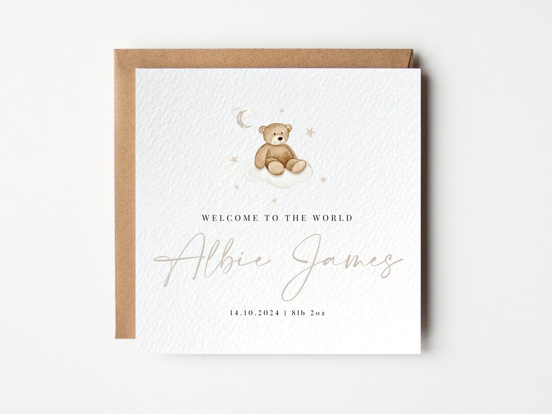 Personalised New Baby Card, Baby Boy Arrival Card, Teddy Bear Card ...