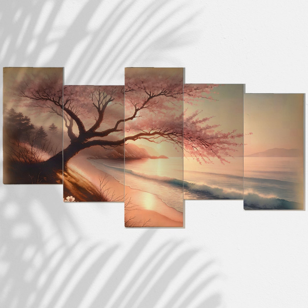 Sakura Beach Cherry Blossom Coast Seaside Sakura Sunrise 5 Panel Canvas ...