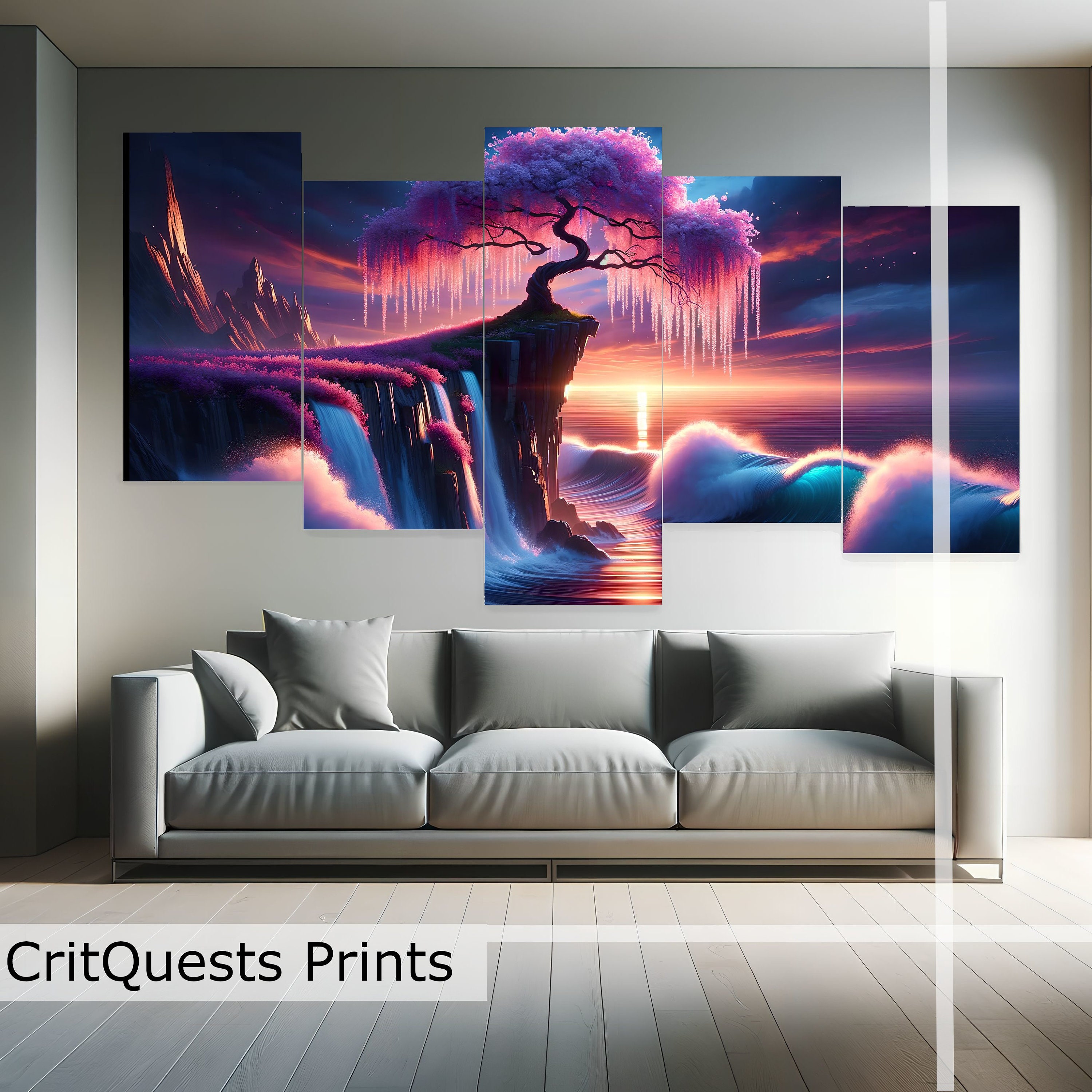 Sakura Wallpaper Cherry Blossom Art Serene Sakura Sunset 5 Panel Canvas ...