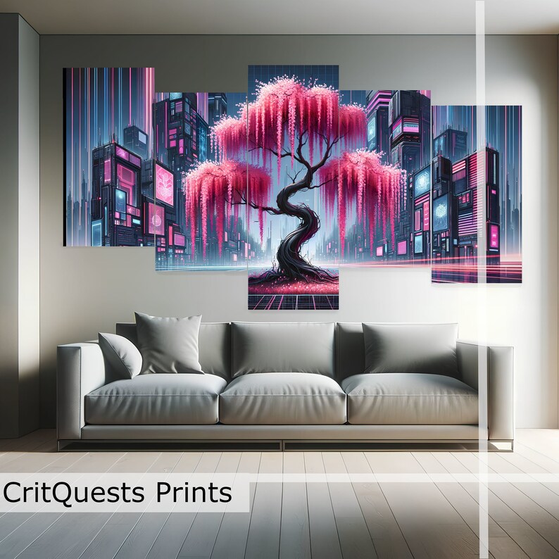 Cyberpunk Sakura Symphony 5 Panel Mural Wall Art Neon Metropolis Tree ...