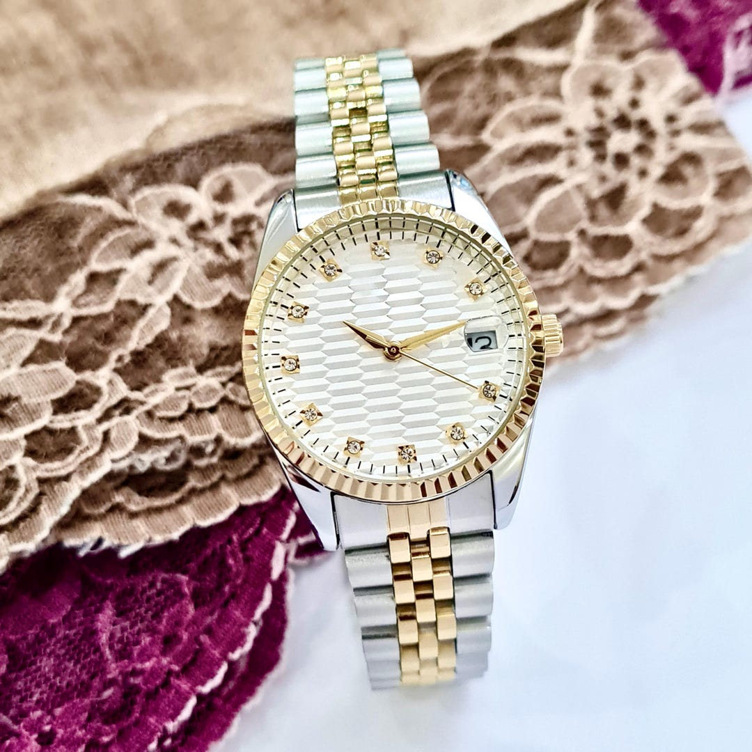 Wrist Watch for Woman, Gold and Silver Colour, Zirconia Stones at Dial ...