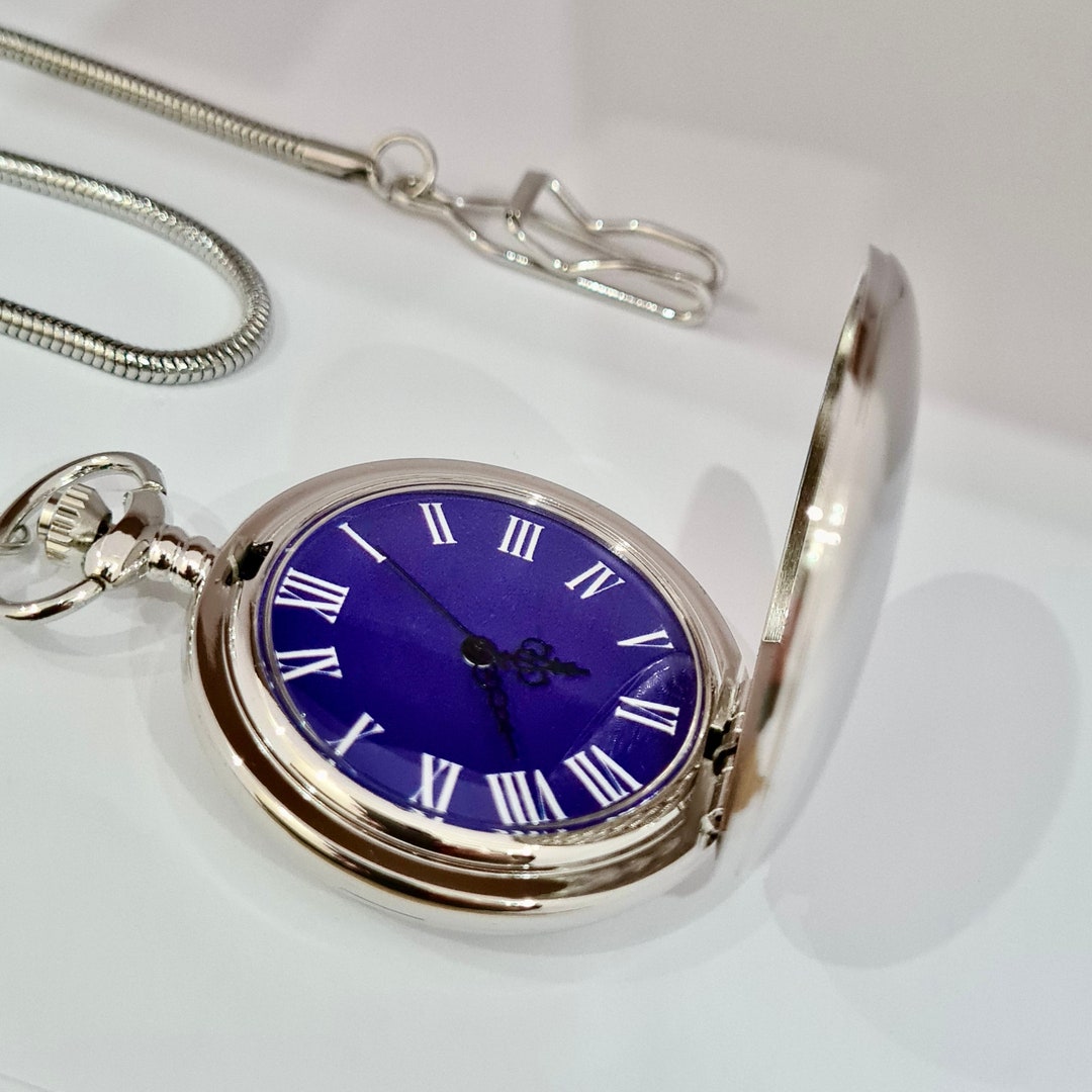 Pocket Watch, Silver Colour, Blue Dial, Snake Design Chain, Roman ...