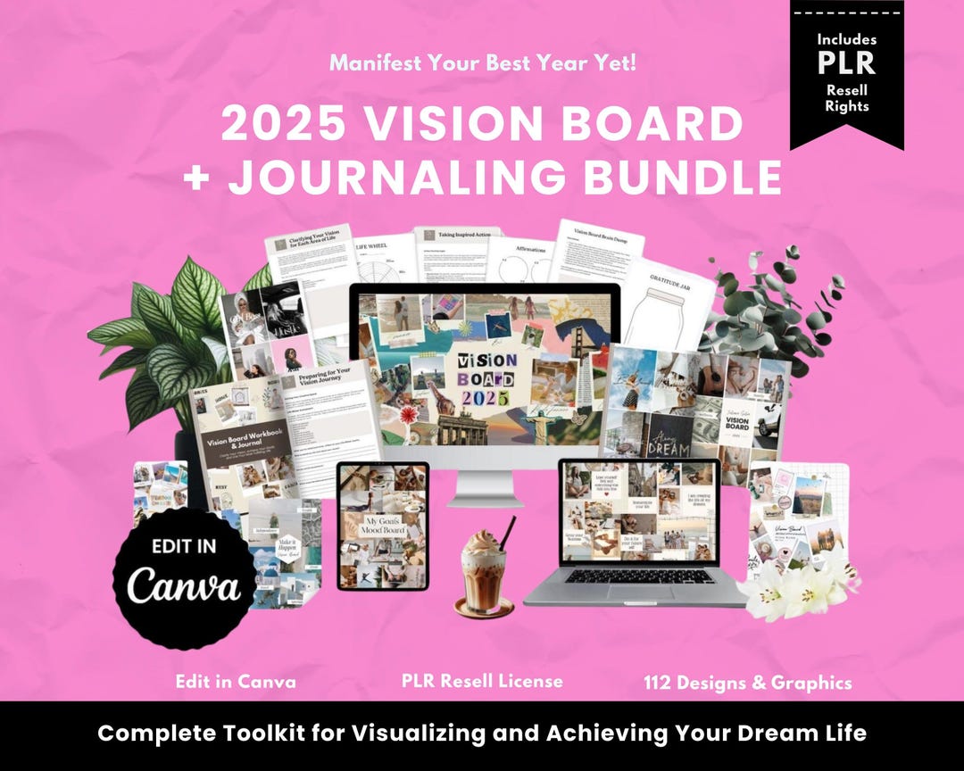 2025 Vision Board and Journaling Bundle | Canva Vision Board Templates ...