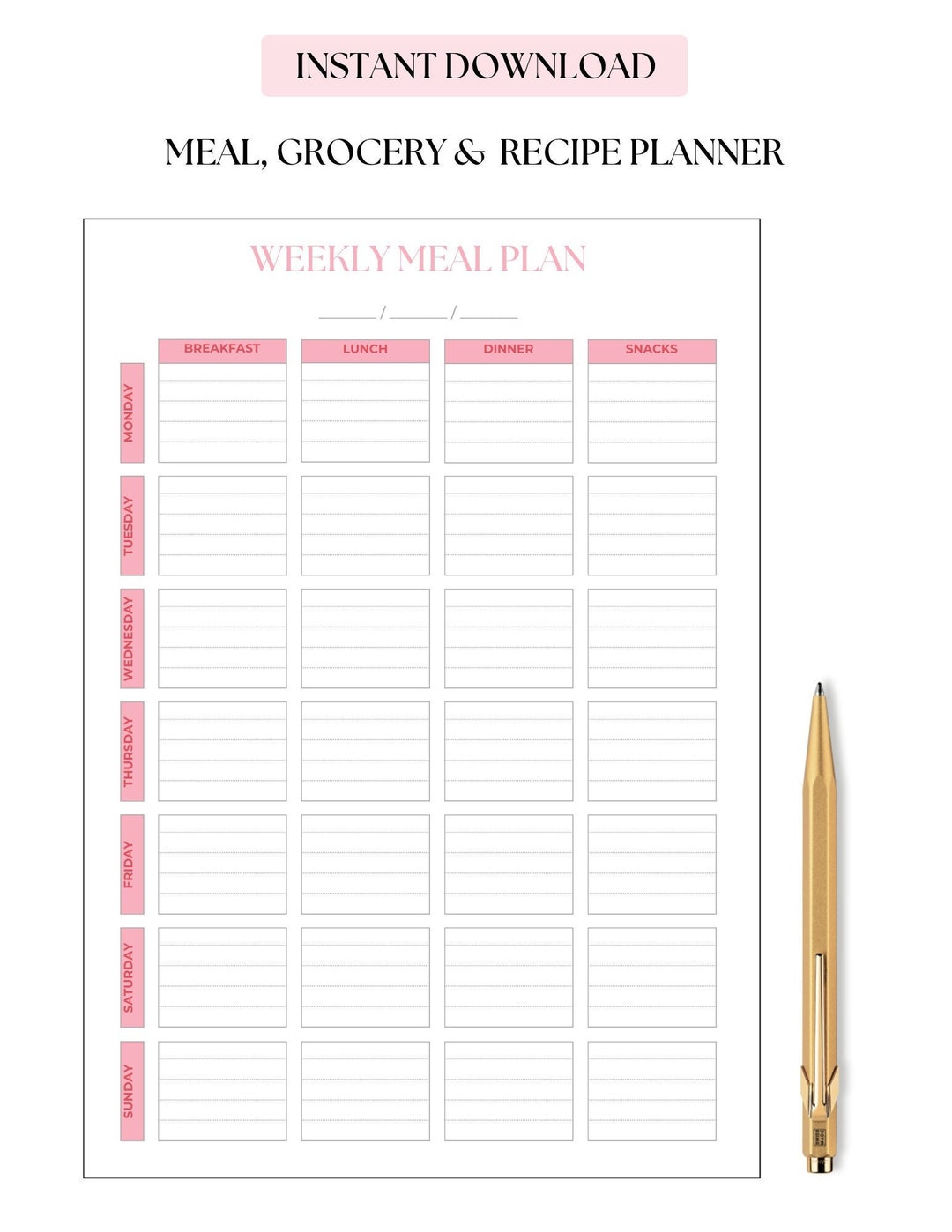 Weekly Meal Planner With Grocery and Recipe List Printable Template, 7 ...