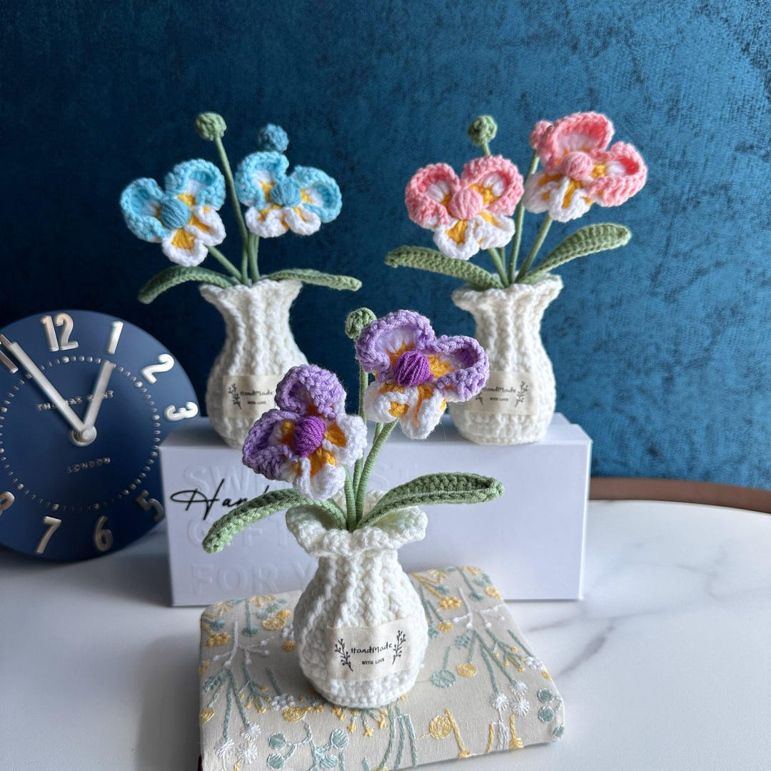 Handmade Crochet Butterfly Orchid Knit Flower Pot, Plant in Vase,gift ...