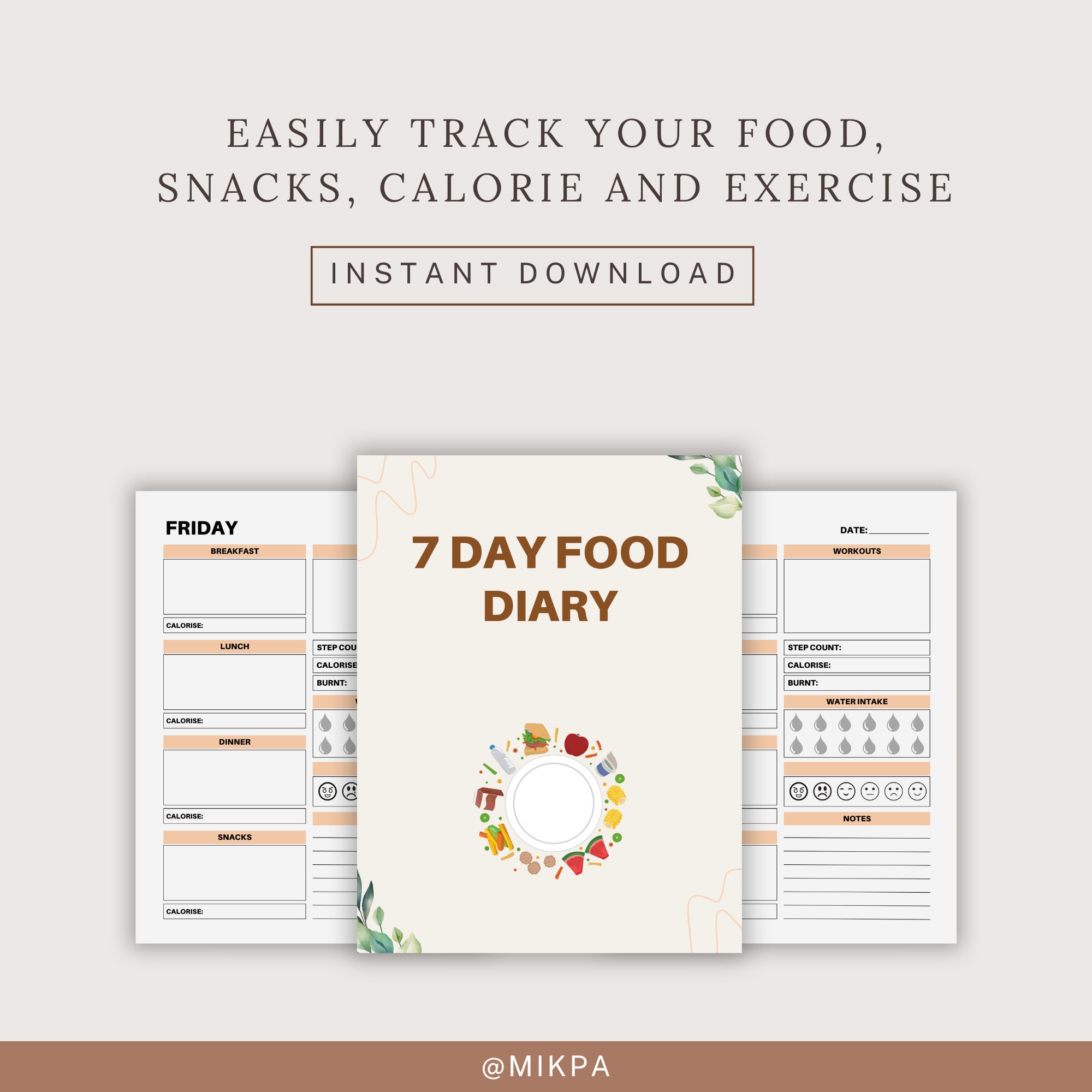 Daily Food Diary, Printable Daily Food Journal, Daily Calorie Tracker ...