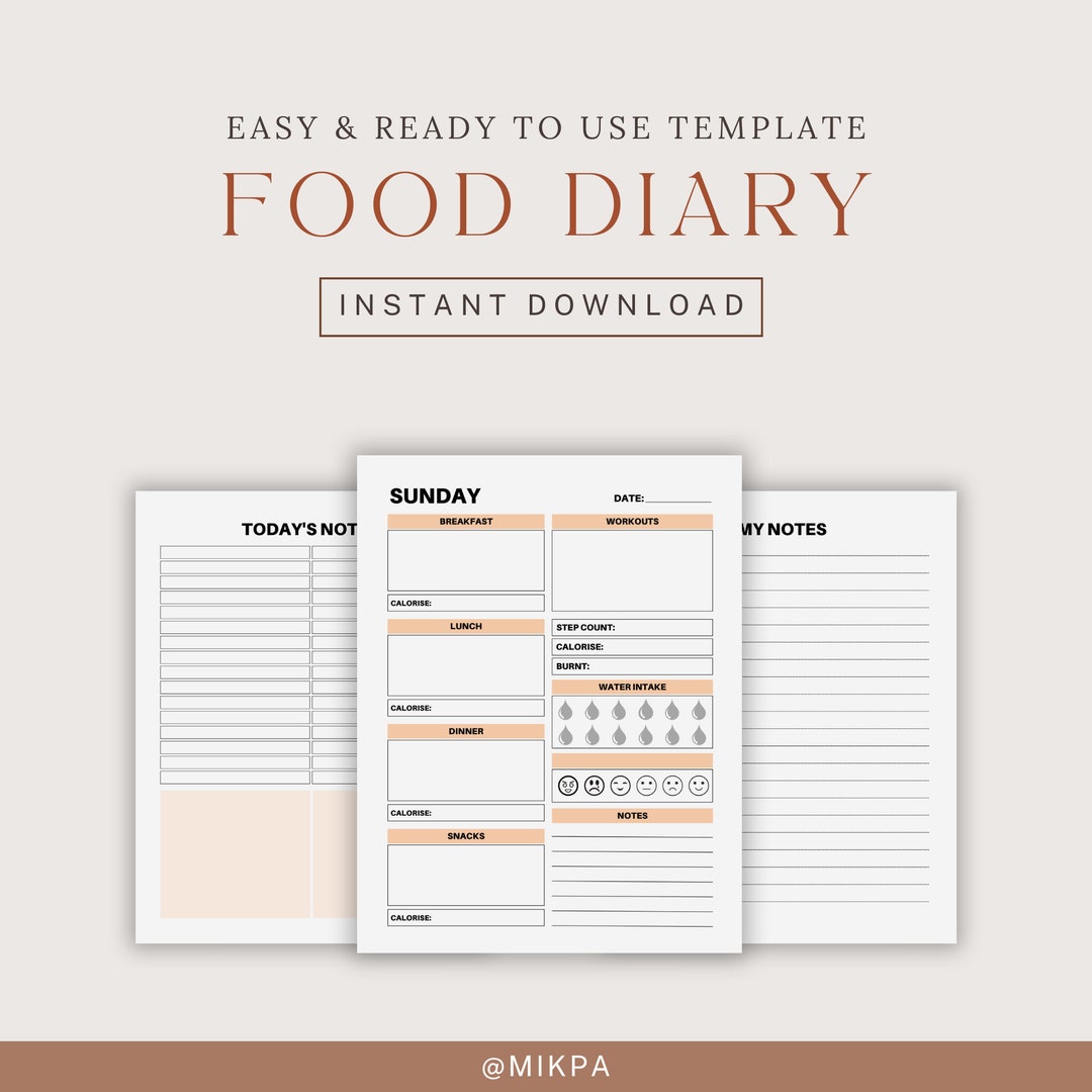 Daily Food Diary, Printable Daily Food Journal, Daily Calorie Tracker ...