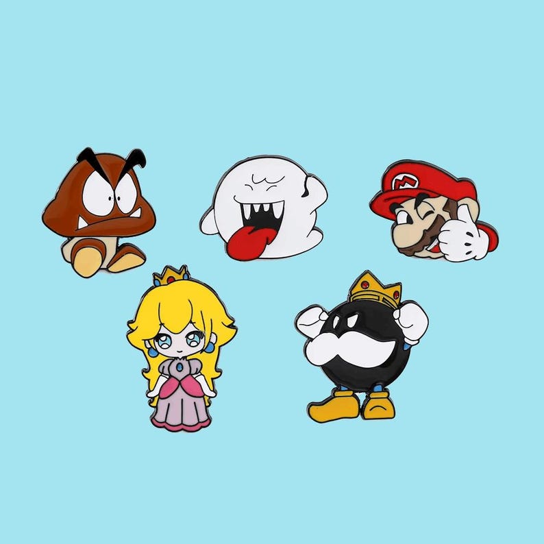 Mario 5-piece Pin Set Enamel Pins of Mario, Goomba, Boo, King Bob-omb ...
