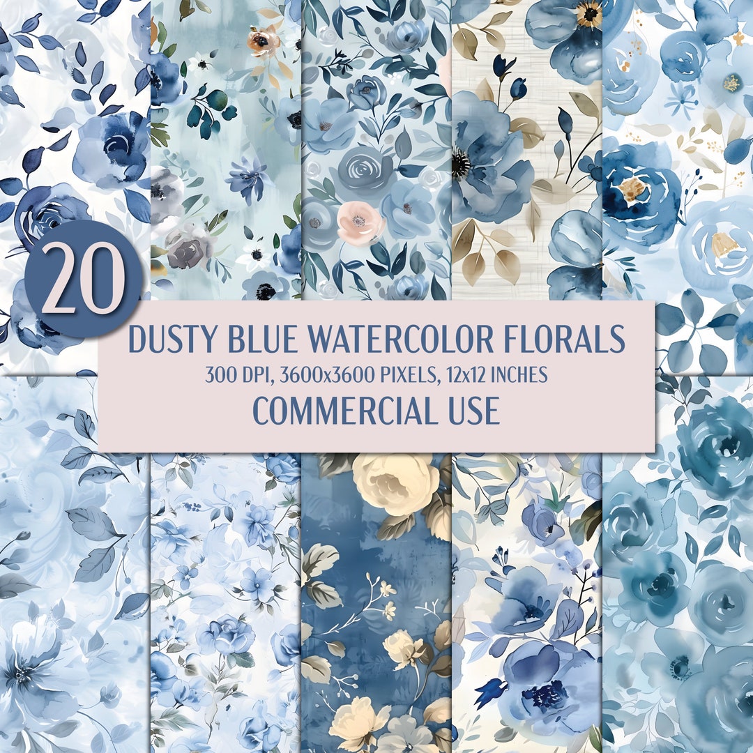 20 Dusty Blue Watercolor Floral Seamless Pattern, Bridal Party Vintage ...