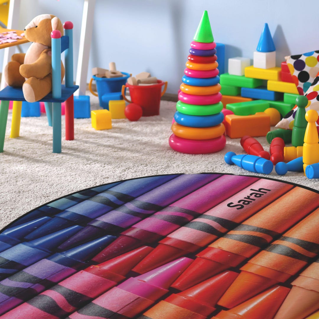 Personalized Round Rug, Colorful Crayon Design, Kids Playroom Decor ...