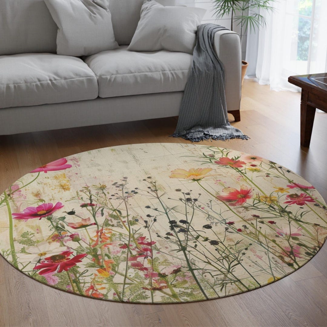 Cottagecore Floral Round Rug: Whimsical Botanical Decor (60 Inches) - Etsy