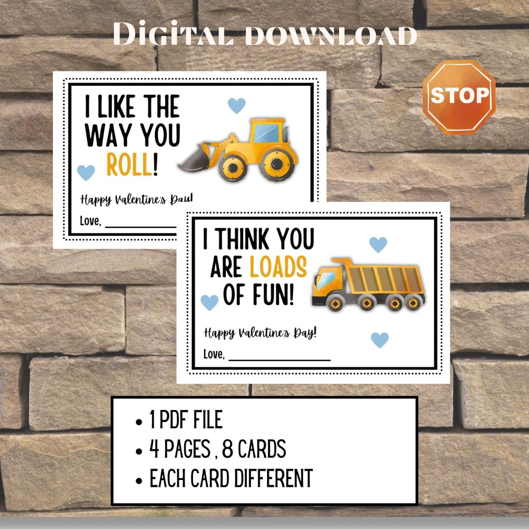 Printable Construction Valentine's Day Cards, Classroom Valentine's Day ...