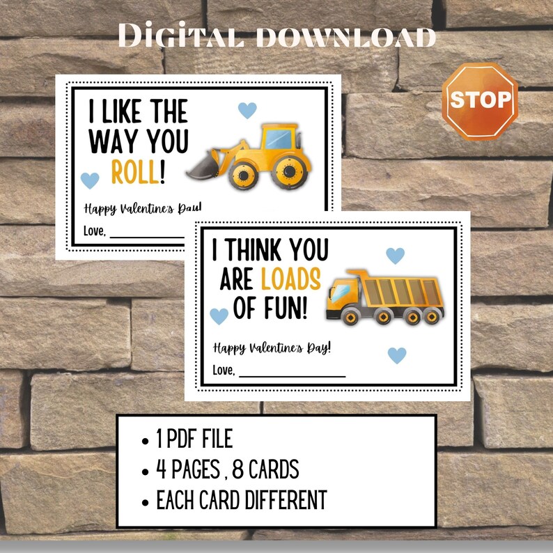 Printable Construction Valentine's Day Cards, Classroom Valentine's Day ...