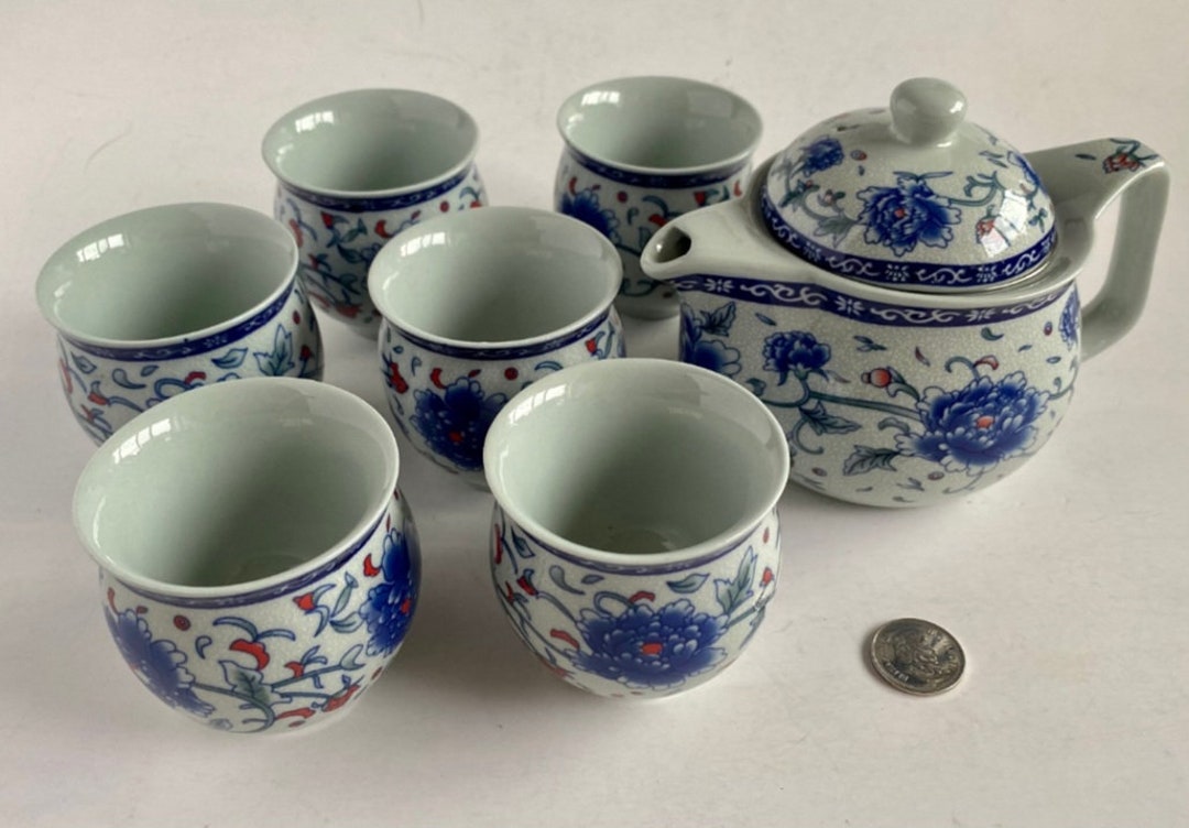 Vintage Chinese Diffuser Hot Tea Pot Tea Set Floral Cobalt Blue Rose 7 ...