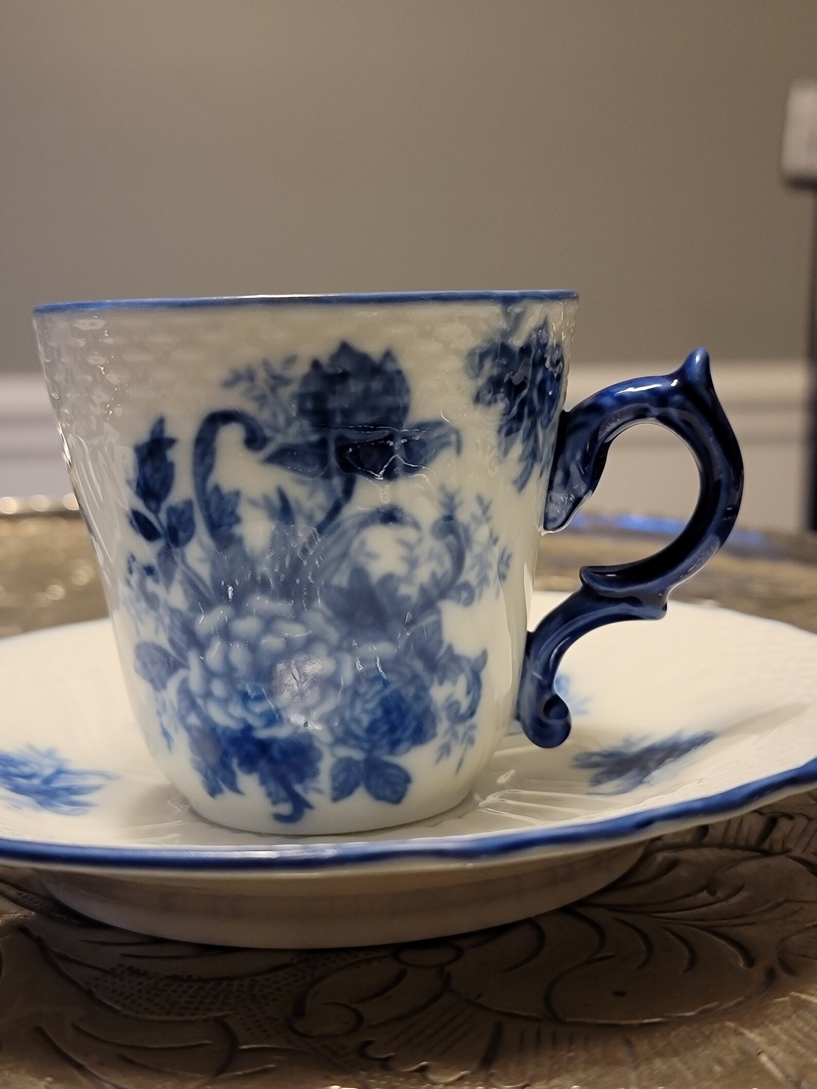 Two Vintage Flow Blue Teacups Fancy Scroll Handle Demitasse Small and 2 ...