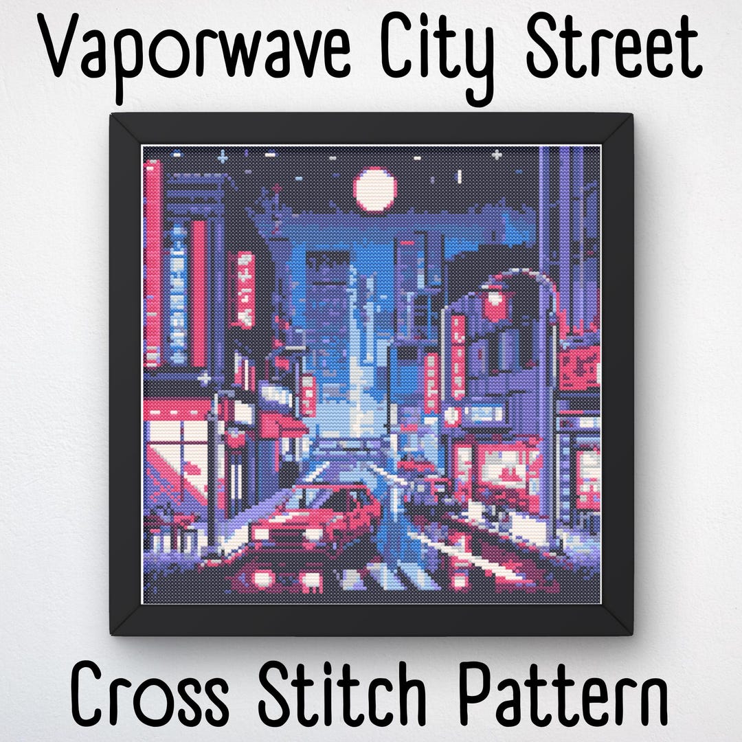 Vaporwave City Street Cross Stitch Pattern: 80s Neon Lofi Retrowave ...