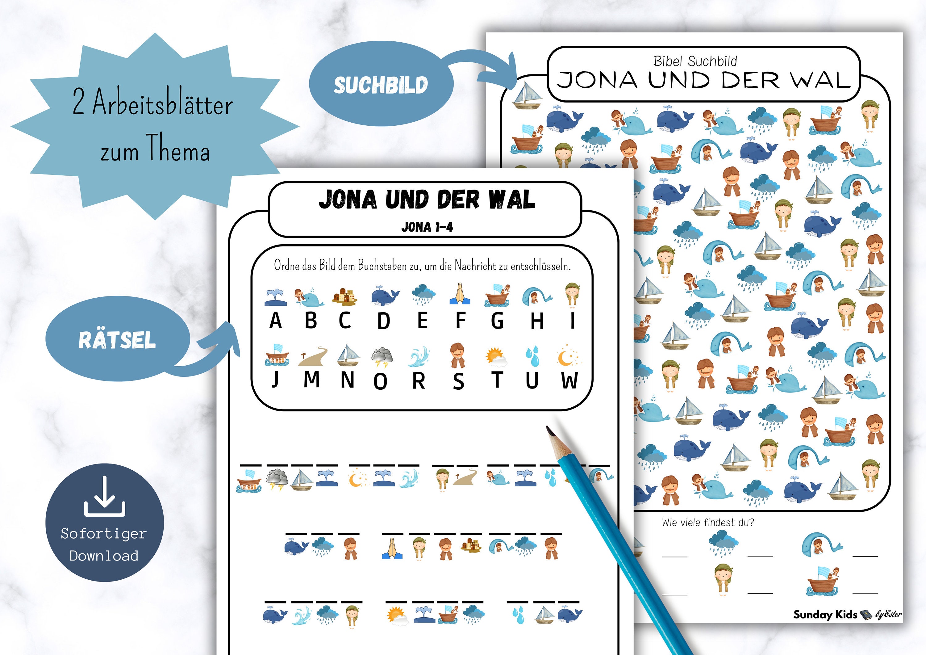 Jona und der Wal DEUTSCH Rätsel 2er Pack Bibelgeschichte Arbeitsblatt ...