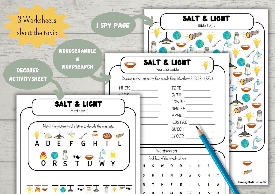 Salt and Light Activitysheet Pack of 3 ENGLISH Wordsearch Puzzle ...