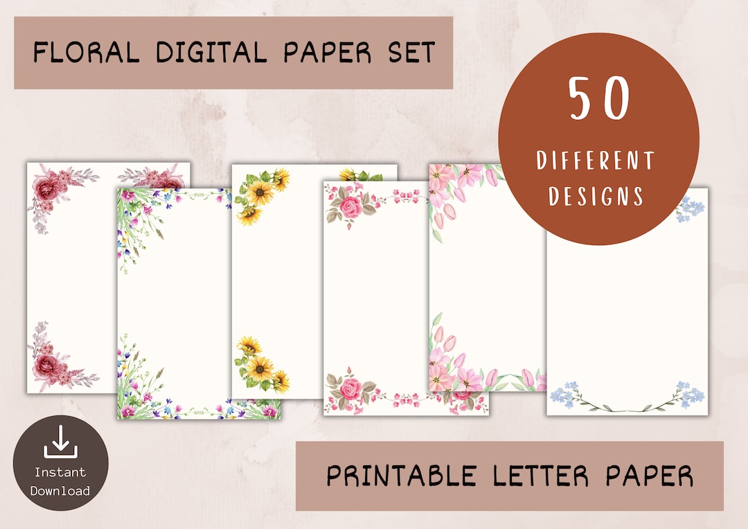 Printable Stationery Set 50 Pieces Floral Prints Paper Bundle Note ...