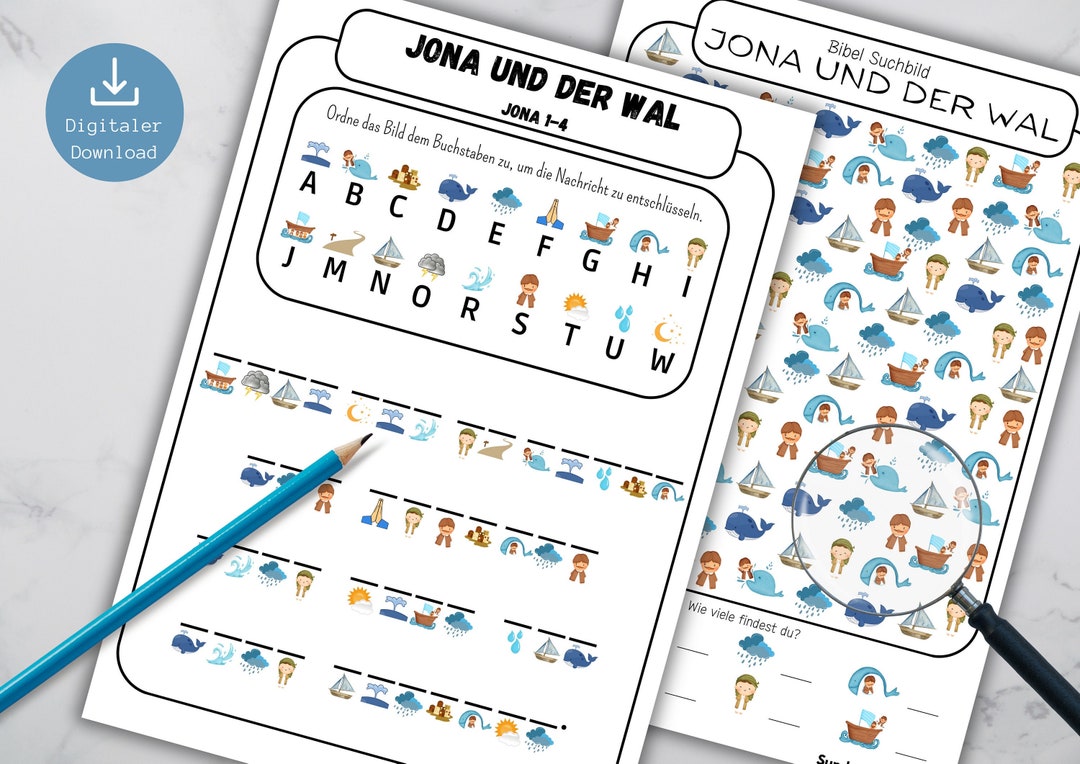 Jona und der Wal DEUTSCH Rätsel 2er Pack Bibelgeschichte Arbeitsblatt ...