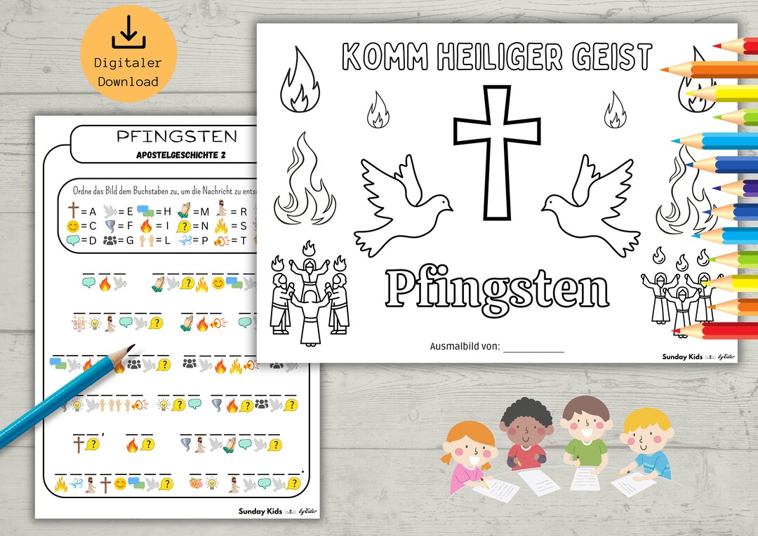 Pfingsten Bibel Arbeitsblätter Für Kinder DEUTSCH Ausmalbild Rätsel ...